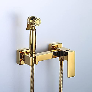 MINJING Bidet Sprayer Kit for Toilet Gold Hot and Cold Wall Mounted Bidet Attachment Faucet Sprayer Kit for Toilet Single Handle Multifunction Bathroom Toilet Bidet Mixer Spray Kit,A