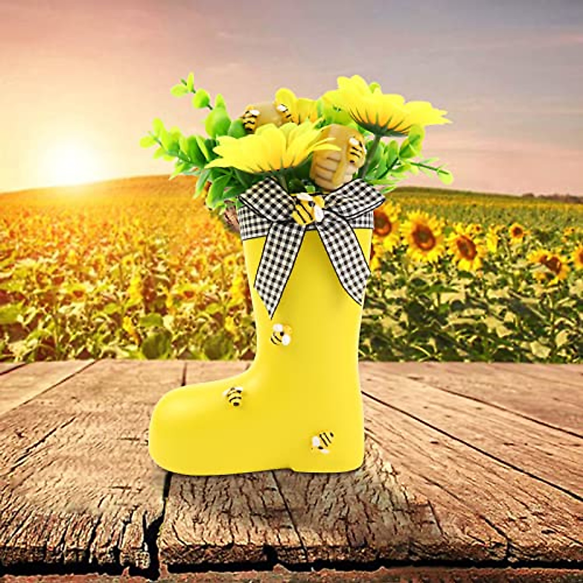 Bee Resin Boot Decor Bumble Bee Tiered Tray Arrangement Honey Dippers Sunflower Spring Summer Yellow Farmhouse Display