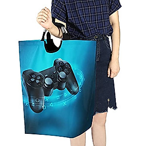 Poeticcity Video Game Controller and Blue Light on Blue Background Laundry Hamper Basket Bucket, Foldable Dirty Clothes Bag, Waterproof Fabric Washing Bin, Toy Storage with Handles for Bathroom