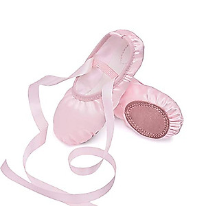 Stelle Girls Ballet Dance Shoes Satin Slippers Gymnastics Flats Split Sole with Ribbon (PK New, 13ML) Pink