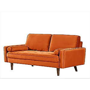Container Furniture Direct Velvet 58" Loveseat Sofa Couch for Living Room, Classic Mid-Century Style with Modern Silhouette, Button Tufting and Wood Legs, Includes 2 Bolster Pillows, Orange