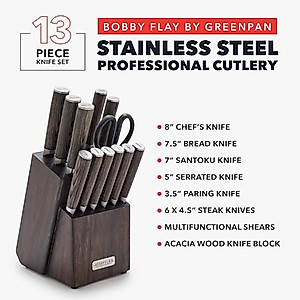 GreenPan x Bobby Flay 13 Piece Stainless Steel Cutlery Kitchen Knife Block Set, Premium Stainless Steel Blades, Acacia Wood Knife Block, Hand Finished Wood Handle, Damascus Steel Design