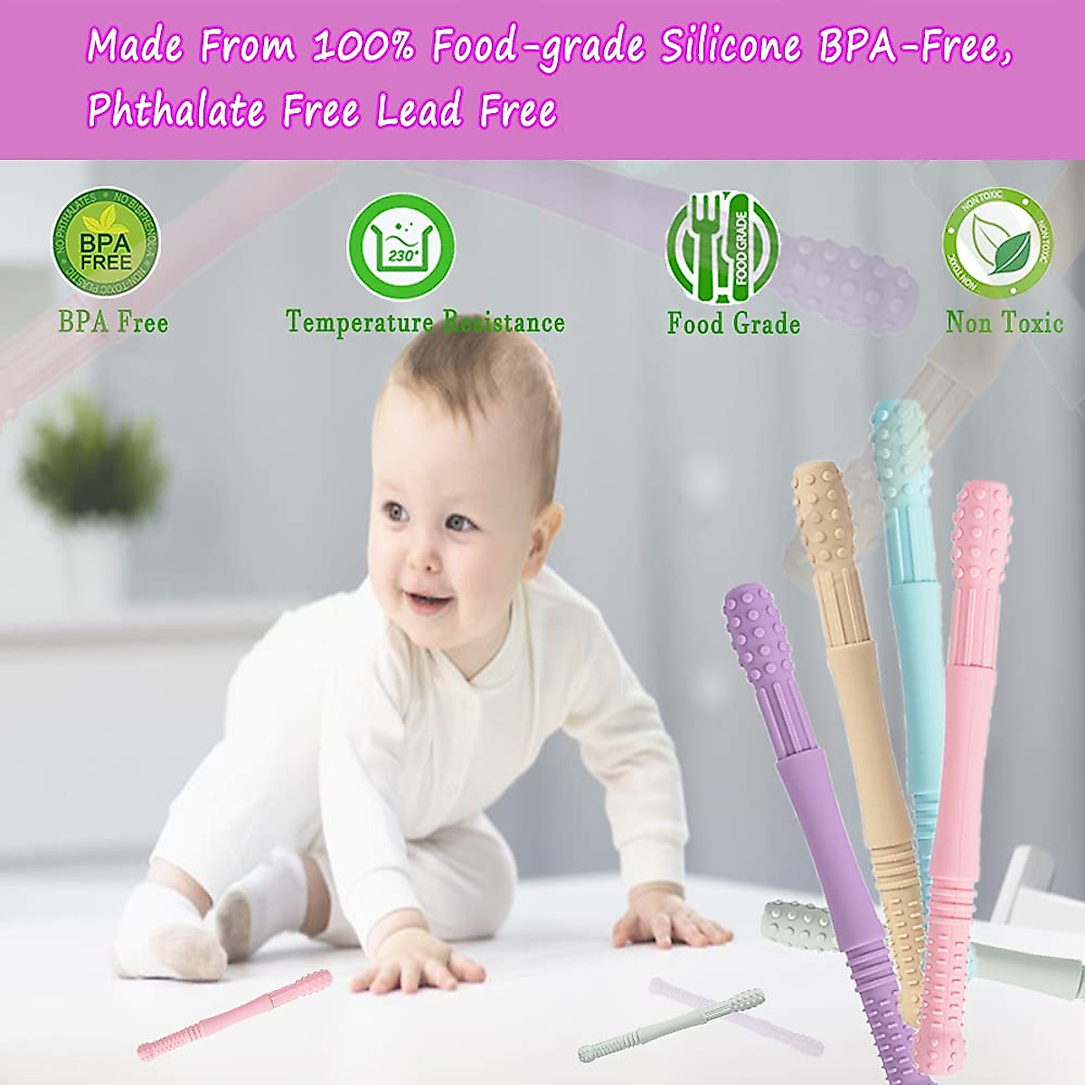 Honboom Soft Silicone Teething Tubes, 5 Pack Hollow Baby Teether Tubes, Baby Chew Straw Toy Soothing Teether Toy for Babies 0-12 Months with a Cleaning Brush, BPA Free (6.69 in)