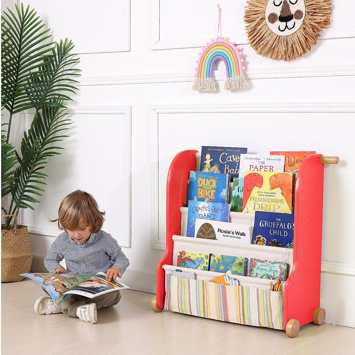 Bolocon Kids Car-Shaped 5-Tier Sling Book Rack Features Two Top Handles for Toddler Boys and Girls Gift,Storage Bookcase Bookshelf Organizer with Deep Canvas Sleeves (Racing Red)