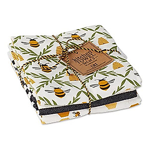 Design Imports DII Little Bees Bee Themed Dish Towels, Set of 3 Yellow Black White Green