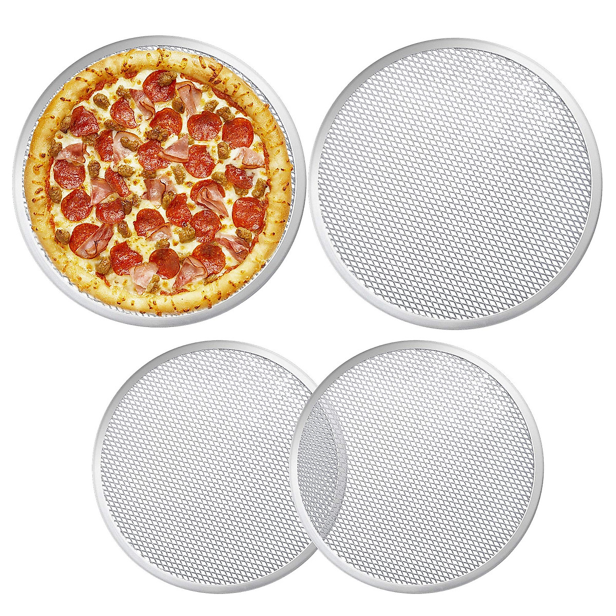 Milkary 4 Pieces Seamless Round Pizza Screen, 2 Pieces 12 inch Aluminum Mesh Pizza Screen and 2 Pieces 10 inch Pizza Mesh Baking Tray for Home Kitchen Restaurant Supplies