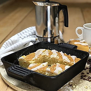 Bayou Classic 7472 8-in Cast Iron Square Cake Pan Ideal For Baking Cornbread Biscuits Cobbler and Deep Dish Pizza