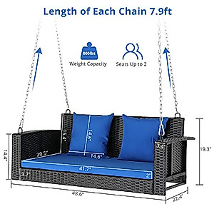 VINGLI Heavy Duty 800 LBS Wicker Hanging Porch Swing with Cushions & Chains, 4FT Outdoor Rattan Swing Bench for Garden, Yard, Lawn (Black+Blue)