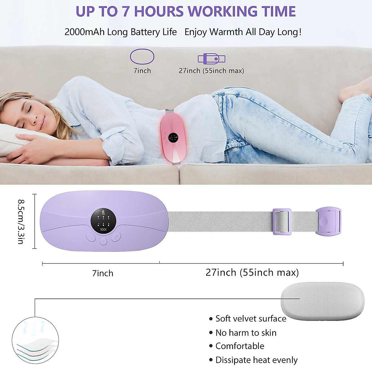 kissleaf Protable Heating Pad for Period Cramps,Cordless Menstrual Heating Pad with 3 Heat Levels and 3 Vibration Massage Modes, for Period Pain,Best Gifts for Her, Women and Girl (Purple)