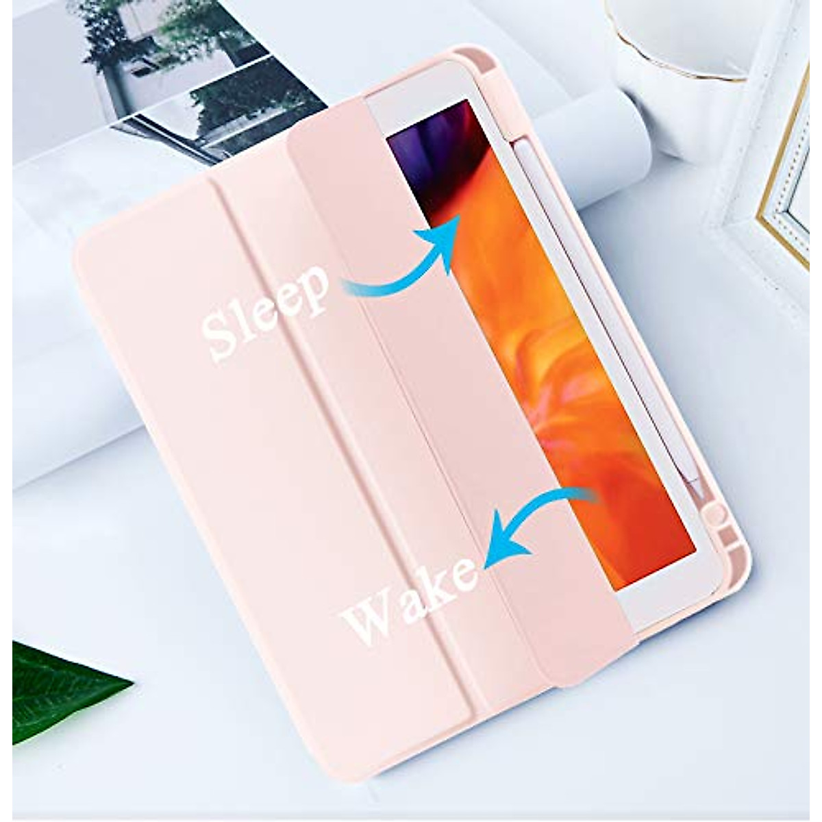 SIWENGDE Cases for iPad Pro 12.9 Case 6th/5th/4th Generation (2022/2021/2020) with Pencil Holder [Apple Pencil Wireless Charging] Soft TPU Smart Tri-fold Stand Protective Cover(Pink)