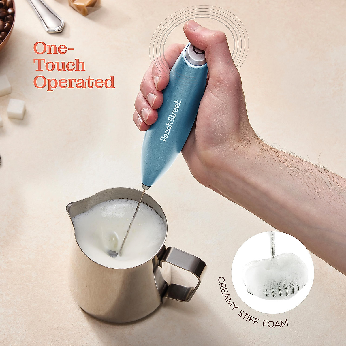 Powerful Handheld Milk Frother, Mini Milk Foamer, Battery Operated (Not included) Stainless Steel Drink Mixer with Frother Stand for Coffee, Lattes, Cappuccino, Frappe, Matcha, Hot Chocolate.