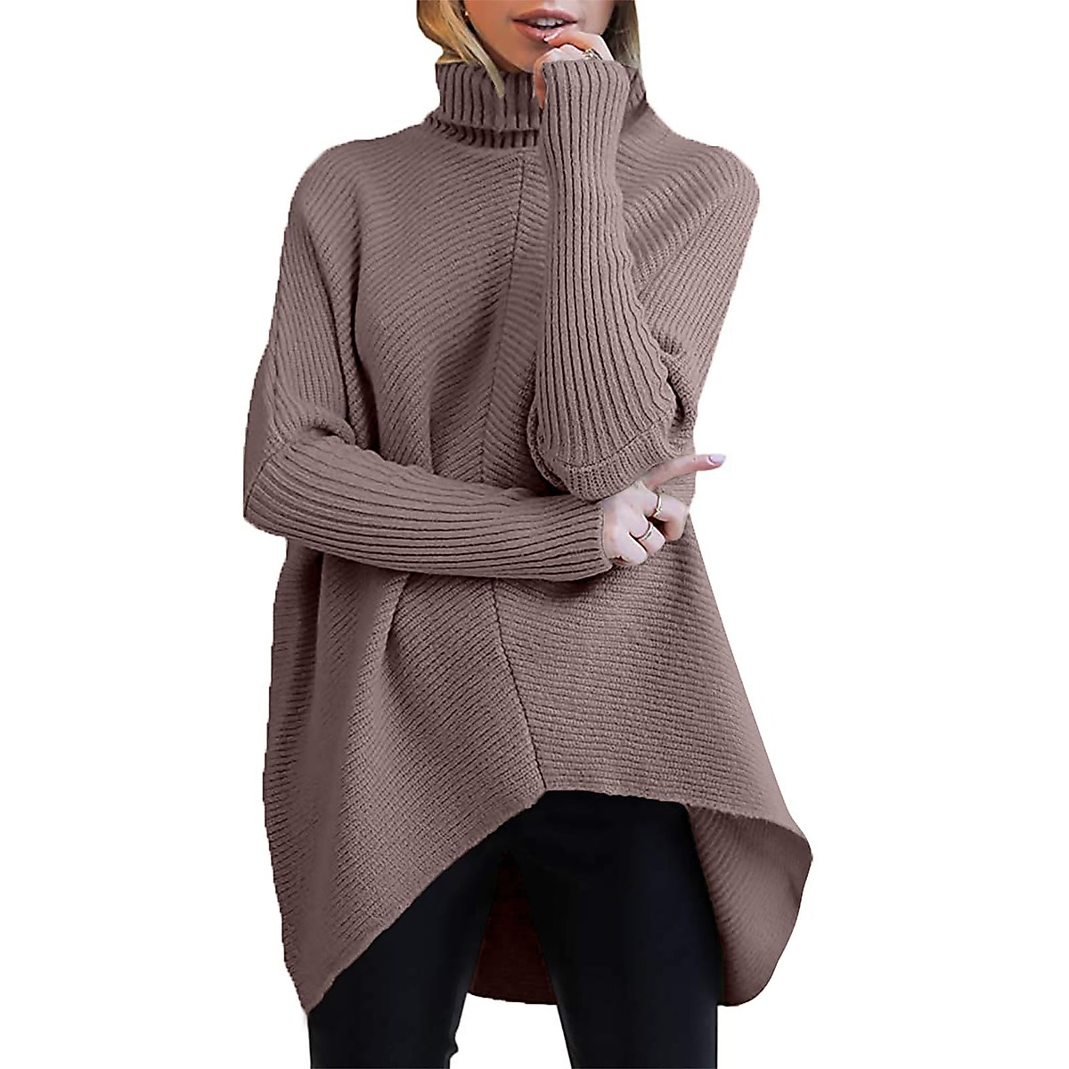 Caracilia Women Turtleneck Batwing Sweaters Oversized Tunic Sweater 2023 Fall Turtleneck High Low Sweater Pullover Knit Jumper Winter Clothes C8A7-doukou-L Brown