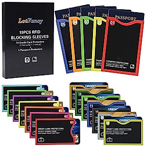 LotFancy RFID Blocking Sleeves with Color Coding (19 Pack, 14 Credit Card Protectors and 5 Passport Holder Sleeves) for Identity Theft Protection, Numbered Travel RFID Sleeves Set for Men & Women