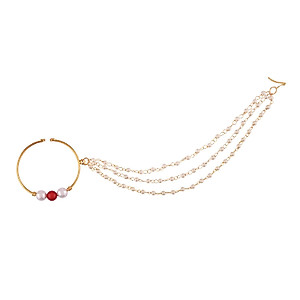 Efulgenz Indian Jewelry Faux Pearl Nose Ring Hoop Pin Stud Fake Septum Ring with Chain Nose to Ear Chain Non Piercing Body Jewelry, Metal, not known