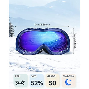 VELAZZIO Kids Ski Goggles, Snowboard Goggles OTG Snow Goggles Anti-Fog Double-Layer Lenses, 100% UV Protection (Blue Frame/Blue Lens with REVO Blue Coating (VLT 52%))