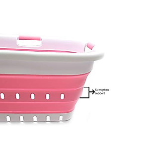 SAMMART 41L Collapsible 3 Handled Plastic Laundry Basket - Foldable Pop Up Storage Container/Organizer - Portable Washing Tub - Space Saving Hamper/Basket (3 handled rectangular, White/Pink)
