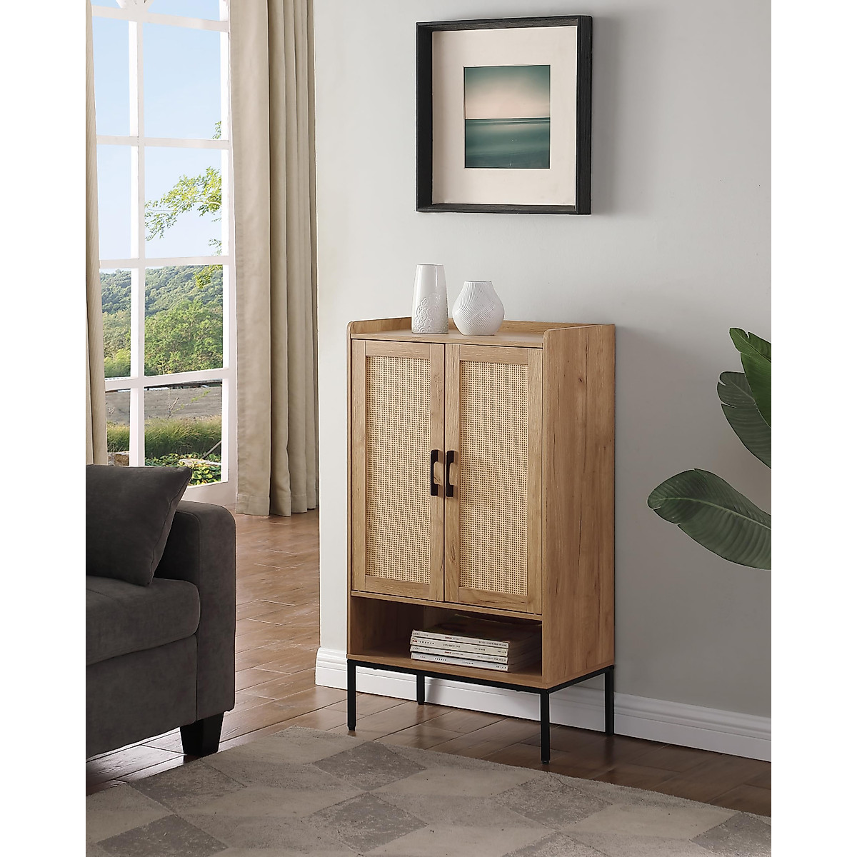 Kavonty Shoe Cabinet with Rattan Doors, 5-Tier Shoe Storage Cabinet with Open Shelves,Wooden Shoes Rack Organizer, for Entryway Hallway Closet Bedroom, Natural