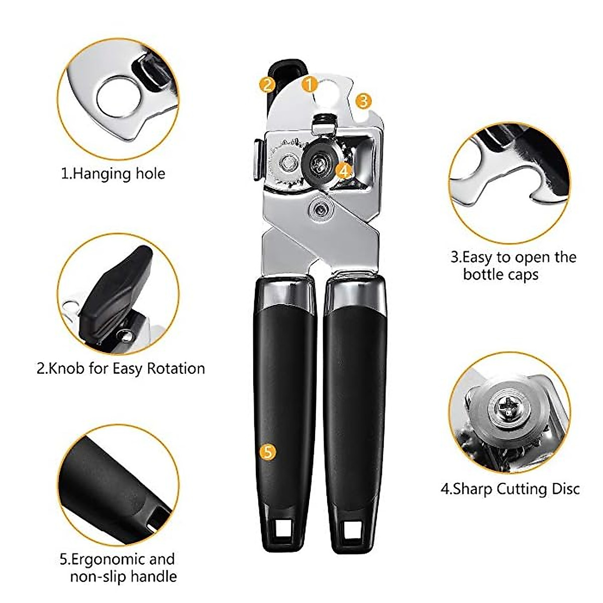 Can Opener Manual, 3-IN-1 Multifunctional Bottle opener, Heavy Duty Stainless Steel Can Opener with Ultra Sharp Blade, Can Opener with Big Easy Turn Knob, Firm-Grip Comfortable Handles, Black