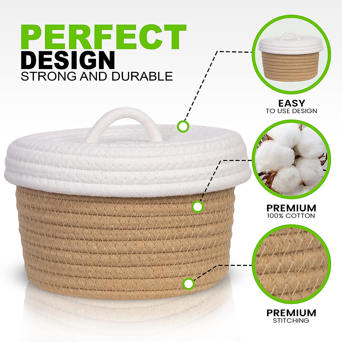 Auguste Round Basket with Lid - Set of 3 Storage Baskets with Lid - Decorative Storage Basket With Lid, Woven Basket with Lid, Cute Cotton Rope Basket, Multi-Purpose Cotton Rope Storage Basket