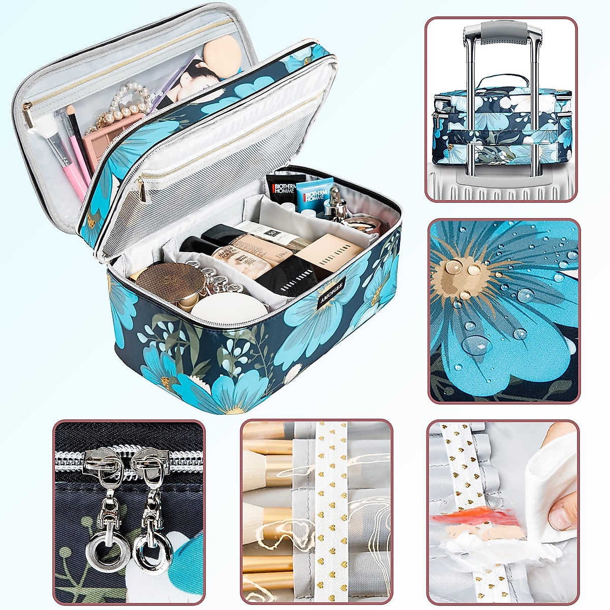 AMOIGEE Double Layer Makeup Train Case - Travel Bag Organizer for Makeup Brushes, Bottles, Palettes, Sponges and Cosmetics