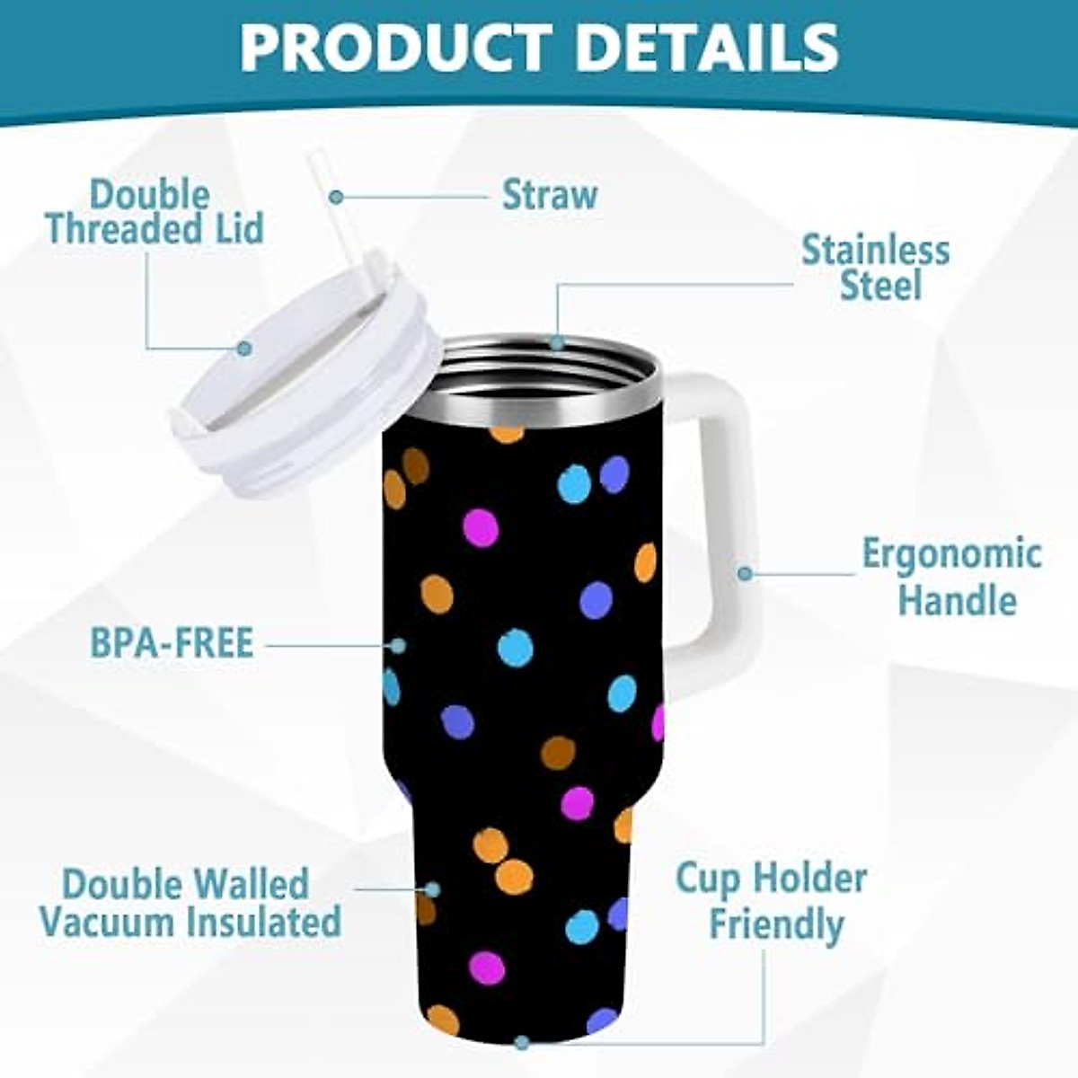 ODAWA Large Polka Dot Insulated Cup with Handle and Straw, Double Insulated Tumbler Insulated Travel Tumbler