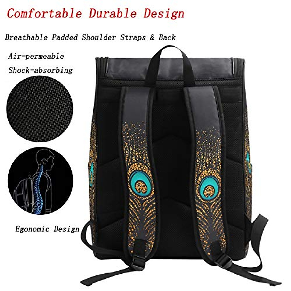 Naanle Stylish Beautiful Peacock Feather Gold Sparkling Pattern Casual Daypack College Students Multipurpose Backpack Large Travel Hiking Bags Computer Bag for Men Women