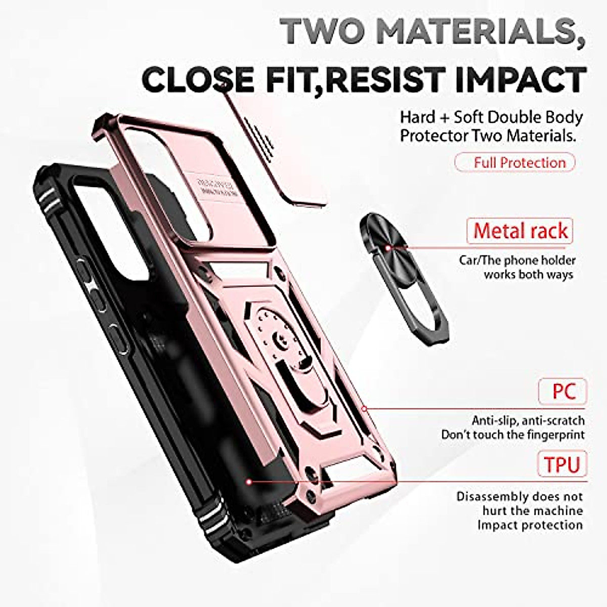 MLDWH Samsung Galaxy A54 5G Case with Stand Kickstand Ring and Camera Cover with Screen Protector [2 Pack], Heavy Duty Military Grade Shockproof Protective Cover for Samsung Galaxy A54 5G (Rose Gold)