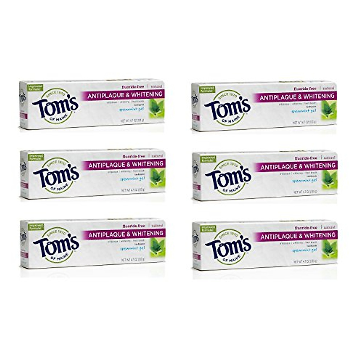 Tom's of Maine Antiplaque Plus Whitening Gel, Spearmint, 4.7 Ounce (Pack of 6)