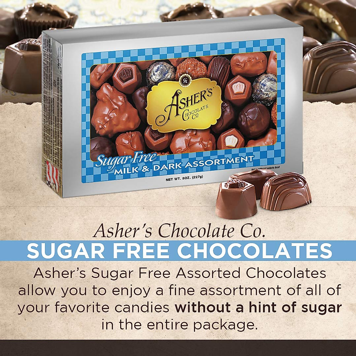 Asher's Sugar Free Chocolate Candy Assortment - Kosher, Keto, Milk & Dark Chocolates (15 pieces, 8 oz.)