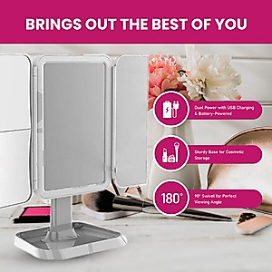 LOVE YOU Studio Makeup Mirror with LED Lights for Makeup Desk - Lighted Makeup Mirror with Magnification - Tri-Fold Personal Light Mirror with Stand