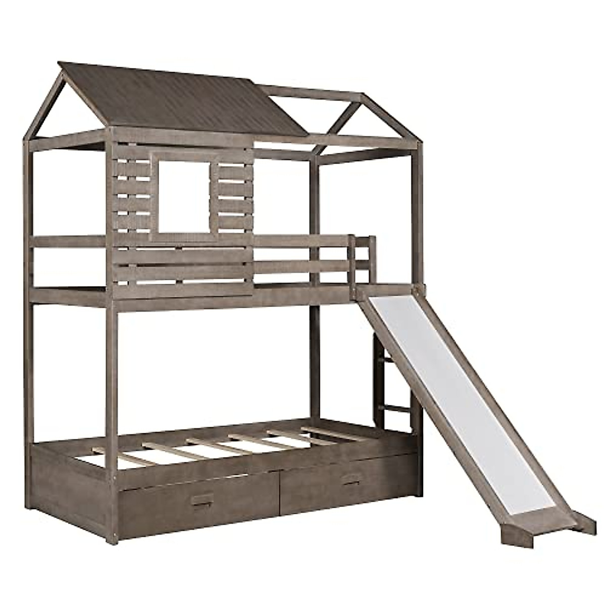 HYC Twin Over Twin Bunk Bed for Kids Toddlers, Wooden Bunk Bed with Slide and 2 Storage Drawers, House-Shaped Bunk Bed for Girls Boys,Gray
