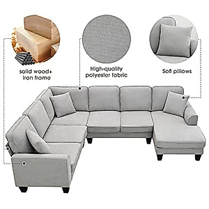 Lifeand Modern U-Shaped, 7 Seat Fabric Sectional Set with 3 Pillows Included Sofas, Light Grey