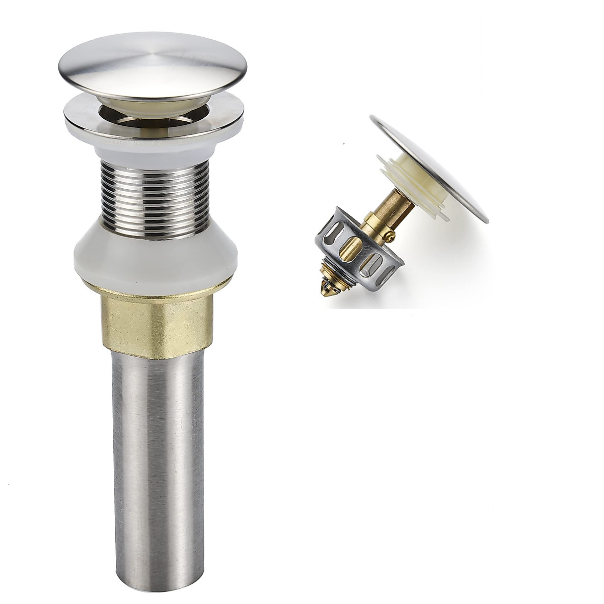 Rockgoya Bathroom Sink Drain,Drain Stopper Bathroom Sink Without Overflow,Pop Up Drain Assembly with Detachable Strainer Basket,Built-in Anti-Clogging Strainer,Stainless Steel Brushed Nickel