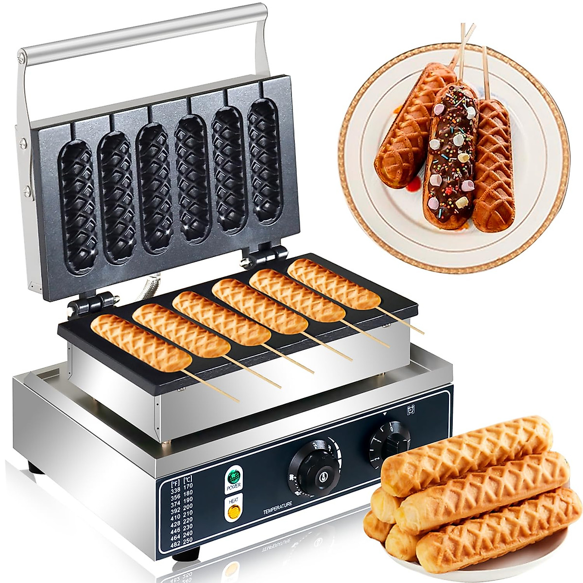 Commercial Corn Dog Waffle Maker 1600W Lolly stick waffle Maker 6 Slice Non-Stick Stainless Steel Corn Hot Dog Waffle Iron with Temp and Time Control, for Restaurant Bakery Snack Bar Family