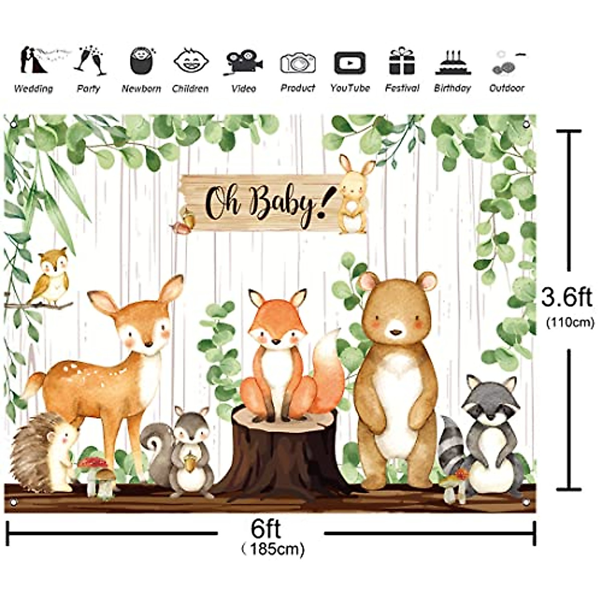 Woodland Baby Shower Backdrop Banner - Baby Shower Decorations For Boy & Girl, Large Fabric Safari Jungle Animal Theme Birthday Party Supply, Woodland Creature Forest Background Decor 72.8 x 43.3 Inch