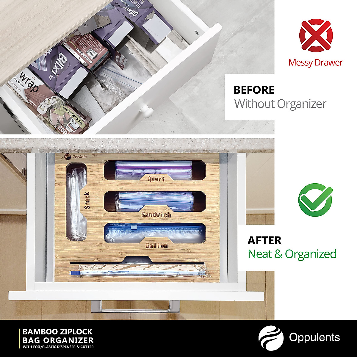Oppulents Bamboo Ziplock Bag Storage Organizer for Kitchen Drawer with Foil/Plastic Dispenser and Cutter Suitable for Gallon, Quart, Sandwich & Snack Sizes Magnetic Closure Multipurpose Organizer