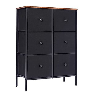 DOVAMY 6 Drawer Dresser for Bedroom, Fabric Dresser Organizer, Tall Dresser with Vintage Wooden Top, Steel Frame, Chest of Drawers, Closet, Nursery and Living Room, Black