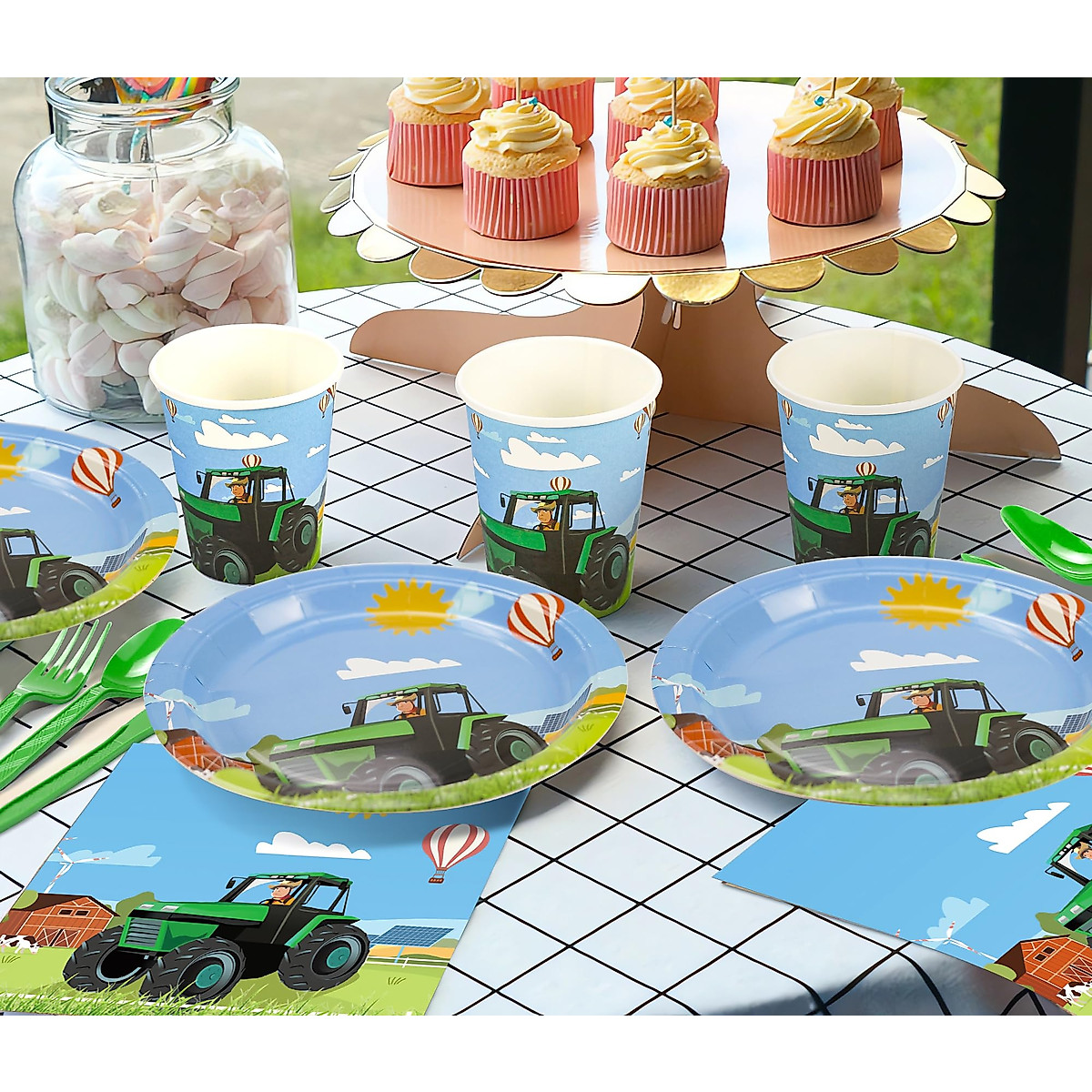 Owelleny Tractor Birthday Party Supplies - Farm Tractor Party Decorations Tableware, Paper Plates, Napkin, Cup, Disposable Cutlery, Green Tractor Birthday Baby Shower Table Decorations | Server 24
