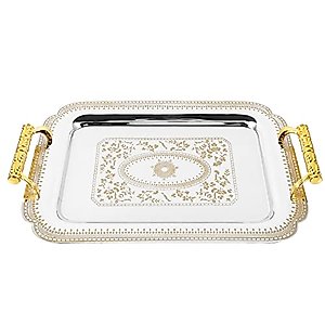 Cabilock Rectangular Serving Tray Stainless Steel Tea Drink Platter Snack Tray Breakfast Serving Platter with Handle for Food Dessert Fruit Coffee Tea 35x24. 5CM