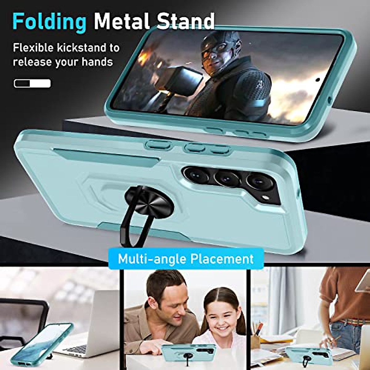 Janmitta Samsung Galaxy S23+ Plus Case with Screen Protector+Camera Lens Protector,Heavy Duty Shockproof Full Body Phone Cover Built in Rotatable Magnetic Ring Holder Kickstand,2023 Mint Green