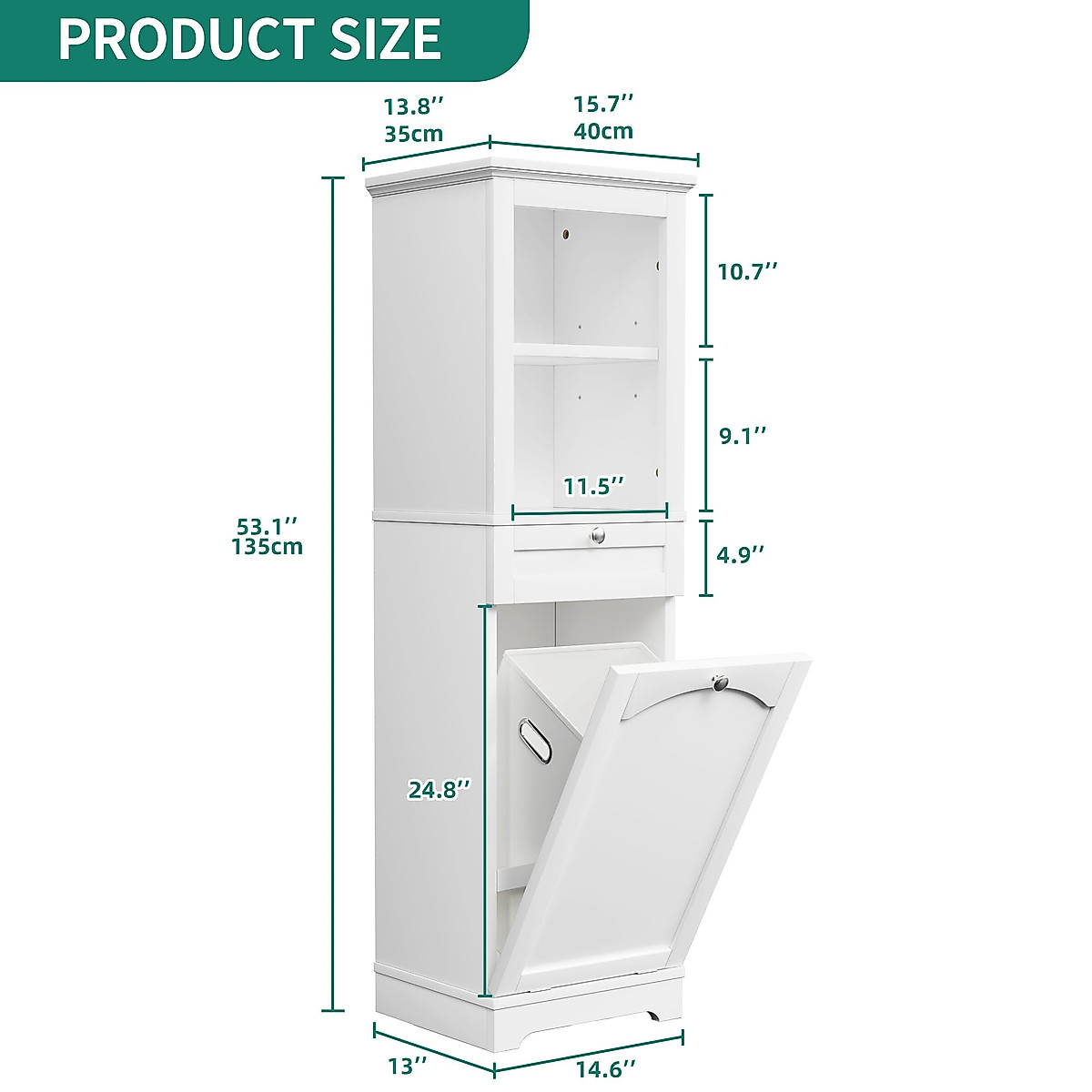 YITAHOME 53" Tall Tilt Out Laundry Hamper Cabinet Hidden Laundry Hamper with Storage Laundry Basket Cabinet with Drawer Bathroom Storage Cabinet Shelf with a Clothes Basket, White