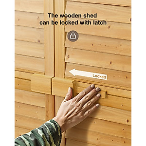 63.2" Outdoor Storage Cabinet with 3 Detachable Shelves, Lockable Wooden Garden Shed with Asphalt Roof, Vertical Tool Storage Shed for Backyard Patio Lawn Deck