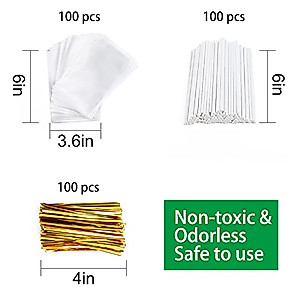 300 Pcs 6inch Lollipop Sticks, Cake Pop Lollipops, Chocolates and Cookies Bag Set Including 100 Parcel Bags, 100 Papery Treat Sticks, 100 Gold Twist Ties