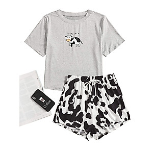 WDIRARA Women's Cartoon Cow Print Short Sleeve Tee and Shorts Pajama Set Multicolored XS