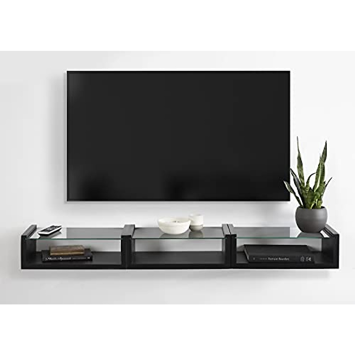 Kate and Laurel Holt Modern Floating Shelf, 18 x 10, Black, Floating Wood Shelf with Tempered Glass Top for Storage and Display