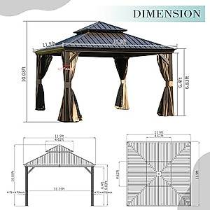 Domi Outdoor Living 12’ X 12’ Hardtop Gazebo, Outdoor Aluminum Frame Canopy with Galvanized Steel Double Roof, Outdoor Permanent Metal Pavilion with Curtains and Netting for Patio, Backyard and Lawn