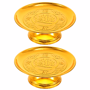 Wakauto 2pcs Buddhist Plate Offering Bowls Plate Golden Fruit Tray Food Dessert Snack Basket Blessing Tray for Altar Use Rituals Incense Smudging Decoration Ornament Golden Serving Bowls
