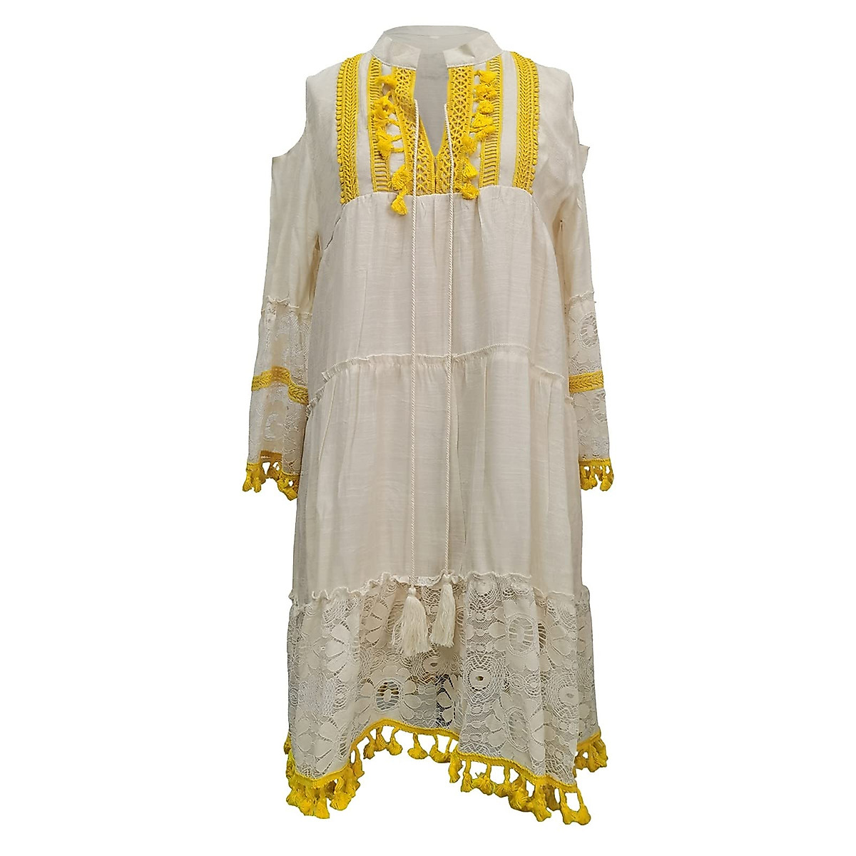 Birthday Dresses for Women Sexy Plus Size Ladies Lace Tassel Hollow Stitching Sunscreen Blouse Casual Dress Gold