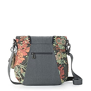 Sakroots Foldover Crossbody Bag in Cotton Canvas, Multifunctional Purse with Adjustable Strap & Zipper Pockets, Charcoal Flower Power