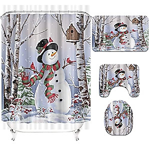 MrLYouth Christmas Bathroom Sets Snowman Shower Curtain with Contour Mat,Toilet Lid Cover,Accessories with 12 Plastic Hooks 4 Pieces Waterproof Fabric Bath Sets